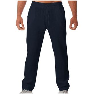 Generic Pantalon chino d&eacute;t&eacute; en coton et lin pour homme - Taille &eacute;lastique - Pantalon chino fusel&eacute; en serg&eacute; de coton avec poches - Pantalon respirant, bleu mar