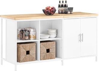 SoBuy îlot Central de Cuisine avec Plan de Travail en Bois dhévéa, Desserte, Placard de Cuisine avec 2 Portes, 4 Cubes Compartiments, 170x60x89 cm, Blanc KN