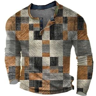 Generic Tshirt &agrave; Manches Longues Et Col Henley pour Hommes, Mode R&eacute;tro Vintage &agrave; Carreaux Imprim&eacute; Patchwork, Tshirt Homme - T-Shirt Basique &agrave; Manches Raglan L
