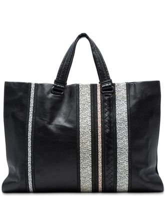 Bottega Veneta 2012-2025 Vertical Stripe Tote Satchel-Tasche aus Nappaleder mit Intrecciato-Besatz - Schwarz