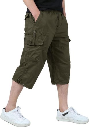 KEFITEVD 3/4 Hose Herren Cargo Shorts Lang Bermuda Dreiviertel Hose mit Mutil Taschen Baumwolle Sommerhose mit Gummizug Armeegr&uuml;n EU 36, CN 3XL