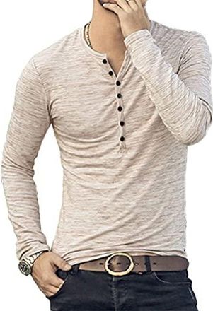 ORANDESIGNE Chemise Henley pour Hommes à Col en V avec Patte de Boutonnage T-Shirts à Manches Longues Col Tunisien Solide Chemise Décontractée Vintage Dété Automn