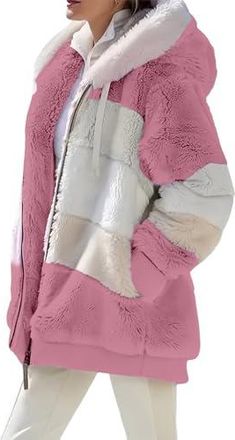 Generic Veste polaire en peluche pour femme avec fermeture éclair intégrale, bloc de couleurs, doux et confortable, manteau dhiver chaud et moelleux, vêtement