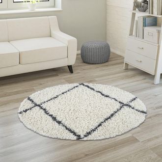 Paco Home Hochflor Teppich Wohnzimmer Shaggy Langflor Skandinavisch Rautenmuster Modern, Grösse:200 cm Rund, Farbe:Creme