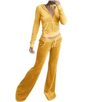 Generic Y2K Surv&ecirc;tement en velours &agrave; manches longues et fermeture &eacute;clair pour femme - Veste courte et pantalon de yoga taille basse - Jambe large, jaune, XXL