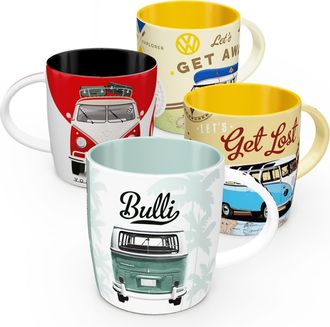 Nostalgic Art Retro Kaffee-Becher (4er-Set), 330 ml, VW Bulli Set 2 - Volkswagen Bus Geschenk-Idee, Original Lizenzprodukt (OLP), Keramik-Tasse, Vintage Design