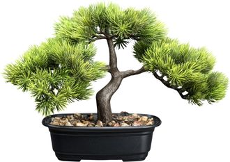 Creativ Green k&uuml;nstlicher Bonsai Kiefer Baum 23 x 30cm I Bonsai Baum k&uuml;nstlich mit Kunststoff-Topf 17 x 10 x 5,5cm in schwarz I k&uuml;nstliche Pflanzen als Wohnzimmer D