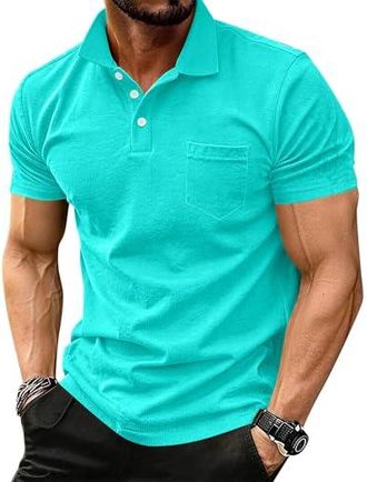 Generic Polo &agrave; manches courtes pour homme - Respirant - Pour l&eacute;t&eacute; - L&eacute;ger - Pour le sport - Coupe ajust&eacute;e - Avec poche de poitrine, Cyan (01), XXL