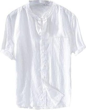 ORANDESIGNE Chemise Homme Manches Courtes Col Mao Été Slim Fit Blouse Mode Casual Classique Tee Shirt Tops Boutonnée Tunique Décontractée Chemise de Plage A Blanc