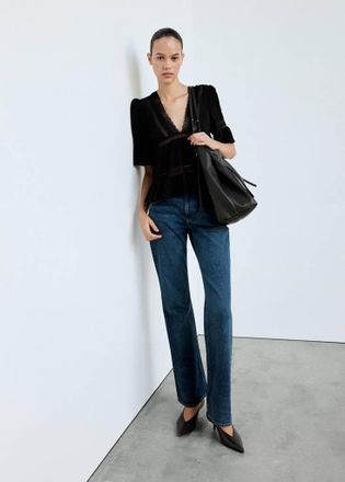 Mango Blouse col en V en dentelle noir - Femme - S - MANGO