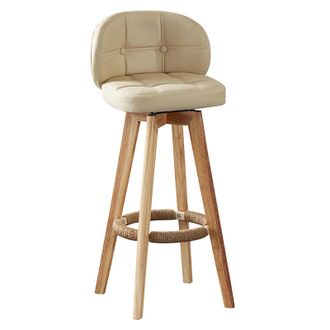 Generic Drehbarer Barhocker aus Leder mit gepolsterter R&uuml;ckenlehne und Sitzfl&auml;che, Beinen aus massivem Gummibaumholz, runder Fu&szlig;st&uuml;tze, K&uuml;cheninselstuhl im La