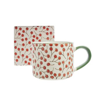 Tranquillo Set 2-teilig - Keramik-Tasse & Untersetzer VINTAGE GARDEN Red f&uuml;r Kaffee, Tee, Kakao, Cappuccino Kaffeebecher aus Steingut - 400 ml, Untersetzer - 10x