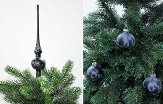 JACK by Th&uuml;ringer Glas Eislack Christbaumspitze 28cm + 12x Christbaumkugeln 6cm Spitze Weihnachtskugel Set, Farbe:Schwarz Eislack