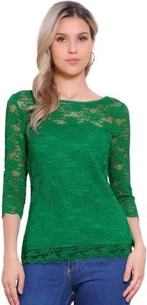 Allegra K Haut en Dentelle Florale Femme Manches 3/4 Col Rond Chemisier Décontracté Élégant Blouse en Dentelle Vert L