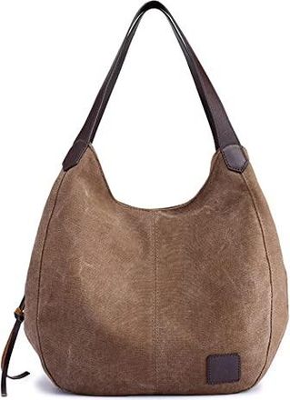 Generic Sac &agrave; main vintage en toile pour femme avec 3 compartiments Fermeture &eacute;clair Fermeture magn&eacute;tique Deux poign&eacute;es en cuir PU pour un usage quotidien