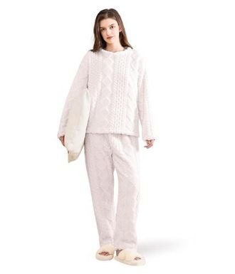 Power Flower Ensemble Pyjama en Polaire Douce pour Femme - Pull et Pantalon Amples en Peluche, Ensemble de Nuit Confortable 2 pi&egrave;ces pour lHiver (L-XL, LY218-Oatme