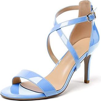 elashe Femme Escarpins Sandales Bout Ouvert Talon Aiguille Bride Cheville Briller Sandales Talon Croisé Bleu Clair EU39