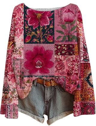 Generic 2025 Pull Femme Hiver Vintage Imprim&eacute; Floral Boh&egrave;me Pull Over Tricot&eacute; Chic Et &Eacute;l&eacute;gant Col Rond Manche Longue Sweater &Agrave; Motif Hauts Oversize Pas Cher V
