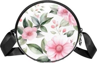 Generic Petit sac &agrave; bandouli&egrave;re circulaire pour femme, motif feuilles florales, sac &agrave; dos avec fermeture &eacute;clair, bretelles r&eacute;glables, sac &agrave; main rond d&eacute;contra