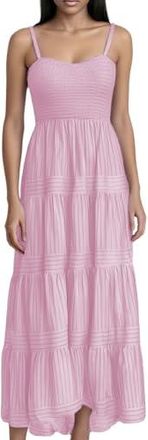 Generic Robe d&eacute;t&eacute; pour femme - Robe longue &agrave; rayures et bretelles spaghetti - Col carr&eacute; - Volants - Ligne A - Robe d&eacute;t&eacute; boh&egrave;me - Robe ample pour la plage, les