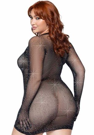 Leg Avenue Minikleid Netz-Kleid mit integrierten Handschuhen Queensize - schwarz (1-tlg)