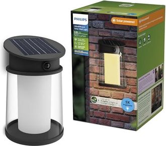 Philips Juda UltraEffiziente Solar-Wandleuchte für den Außenbereich, austauschbare Solarlampe, Bewegungssensor, 2700K warmweißes Licht, Schwarz