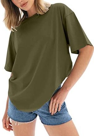 Generic T-shirt pour femme surdimensionn&eacute; pour femme, coupe ample, col rond, haut &agrave; manches courtes, chemisier d&eacute;t&eacute; d&eacute;contract&eacute;, t-shirt basique, Vert arm&eacute;e.,