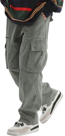 OLIPHEE Cargohose Herren Lang Outdoor Cargo Hose Herren Herbst mit Taschen und Gummizug Bund Loose Freizeithose Outdoorhose Wanderhose Vintage Pants Grau L