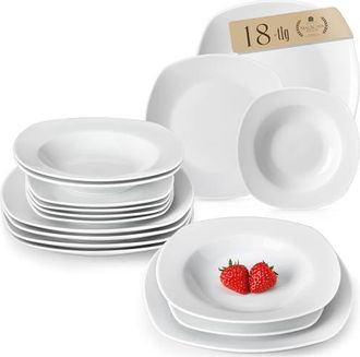 Malacasa Série Elisa 18pcs Assiettes Carrée Service de Table en Porcelaine pour 6 Personnes avec Assiettes Plates, Assiettes Creuses et Assiettes à Dessert, Se