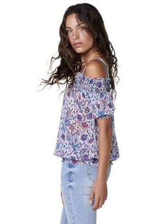 Kor&ouml;shi Chemisier Bardot Nid dabeille et imprim&eacute; floral bleu pour femme - 100 % polyester, bleu, bleu, S