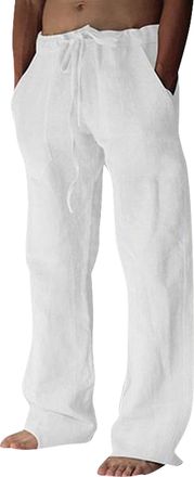 Feoya Herren Leinenhose Leichte Sommerhose Lässige Yoga-Strandhose mit lockerer Passform und Kordelzug Baggy-Hose mit elastischem Bund White XXL