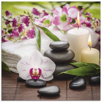 Artland ARTland Wanddeko Glasbilder Wandbild Glas Bild einteilig 50x50 cm Quadratisch Wellness Zen Steine Spa Orchideen Bambus Relax Pink Rosa K3AD