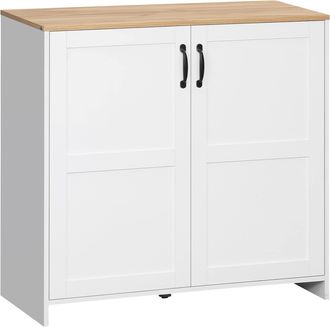 HOMCOM Schrank mit Schrank 2 Türen und 2 verstellbaren Einlegeböden - Weiß und Holzoptik - 90 x 39,5 x 88 cm