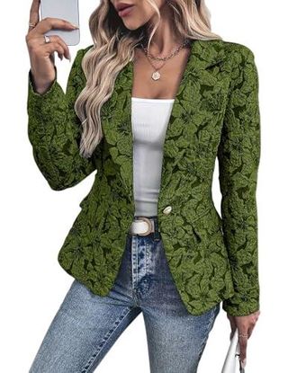 Minetom Blazer Femme &Eacute;l&eacute;gant Veste de Tailleur Costume Manches Longue Imprim&eacute; Floral Bureau Affaires Manteau Blouson avec Bouton A Vert XL
