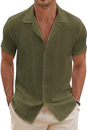 Coofandy Chemise d&eacute;t&eacute; &agrave; Manches Courtes pour Homme - Col cubain - Chemise hawa&iuml;enne - Chemise de Loisirs - Textur&eacute;e - Short en Taille, Vert Kaki, M