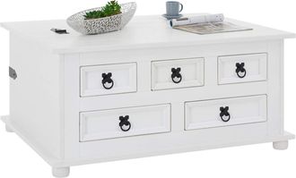 IDIMEX Truhentisch Tequila Couchtisch Truhe Wohnzimmertisch Beistelltisch Mexiko Landhausstil mit 5 Schubladen in weiß