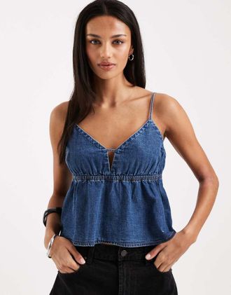 Tommy Jeans Chambray-Oberteil in mittelblauer Waschung mit Riemchentr&auml;gern