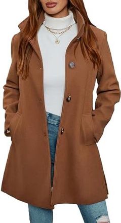 Generic Long Coats for Women Winter Mid Long Notch Lapel Single Breasted Peacoat Casual Trench Coats Outwear Brown Medium