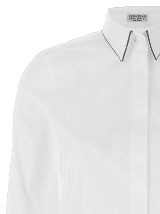 Brunello Cucinelli Contrast-Collar Cotton Stretch Blouse - White
