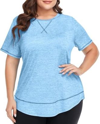 Generic T-shirt de sport &agrave; manches courtes pour femme - Grande taille - Coupe ample - Pour gym, yoga, fitness, bleu clair, 4XL