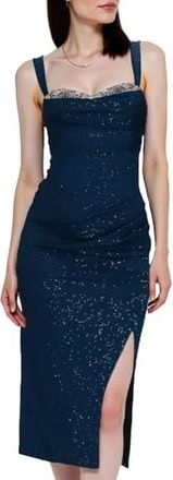 Ever-pretty Robe de Soir&eacute;e Femme Chic Moulante Fendu Col V Plis Bandouli&egrave;re &agrave; Sequins Haute &Eacute;lasticit&eacute; Midi Bleu Marine 42