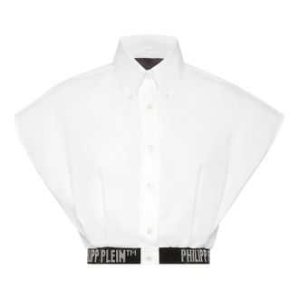 Philipp Plein Femme, Blouses et Chemises, Blanc, Taille: 42 FR Crop Sleeveless Shirt with Crystals