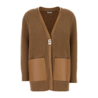 Ferragamo Femme, Pulls, Brun, Taille: 36 FR Cardigan Longline avec Finitions en Cuir