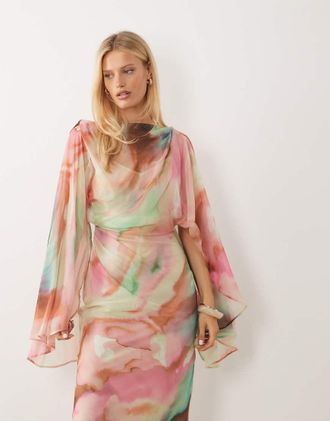 Asos Robe drap&eacute;e longueur mollet motif abstrait &agrave; manches kimono et dos ouvert - Multicolore style aquarelle