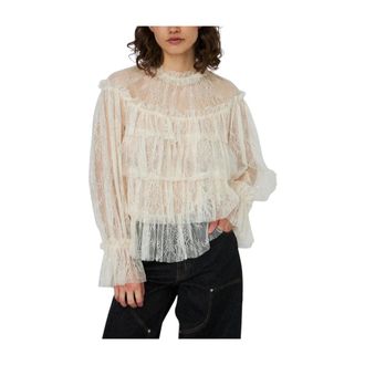 Stella Nova Femme, Blouses et Chemises, Beige, Taille: 38 FR Chemisier Transparent &agrave; Volants et Dentelle