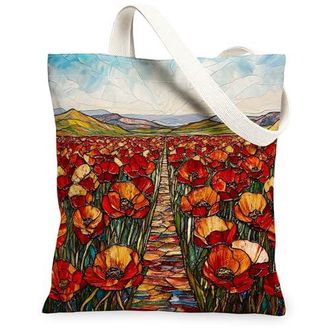 Generic Sac fourre-tout en toile r&eacute;utilisable avec motif imprim&eacute; de coquelicot printanier pour le shopping, 33 x 38,1 cm, motif paysage floral, sac d&eacute;picerie 