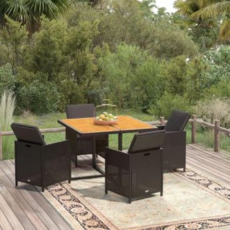 vidaXL 5-tlg. Garten-Essgruppe mit Kissen Poly Rattan Schwarz - Vidaxl
