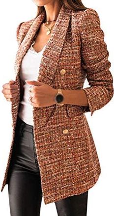 Onsoyours Femme Blazer Élégant Manches Longues Slim Fit OL Bureau Affaires Veste De Costume Devant Ouvert Carreaux Manteau Cardigan Blouson Jacket C Marron M