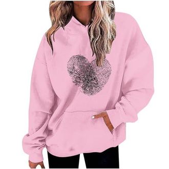 Generic Sweat à capuche décontracté pour femme - Imprimé coeur - Sweat à capuche surdimensionné à épaules tombantes - Avec poches - À porter au quotidien, ros