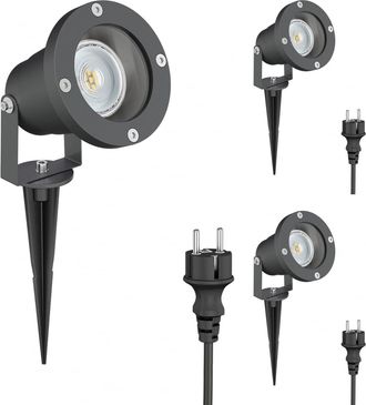 LEDs Com 3 Stück LED Gartenstrahler DUK anthrazit mit Erdspieß für außen, IP65, inkl. GU10 LED Reflektor (warmweiß, 5,4W, 510lm, 45°)